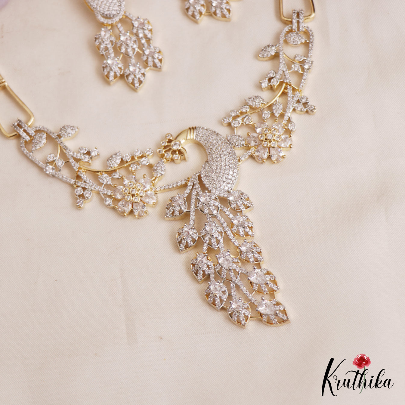 Sparkling Peacock Motifs Gold-Tone Diamond-Finish AD Choker NC2869 ...
