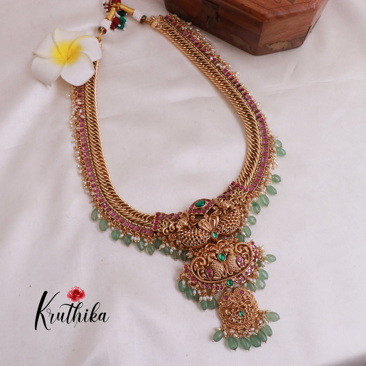 Royal Jadau peacock Jalebi style haaram with mint beads LH815 ...