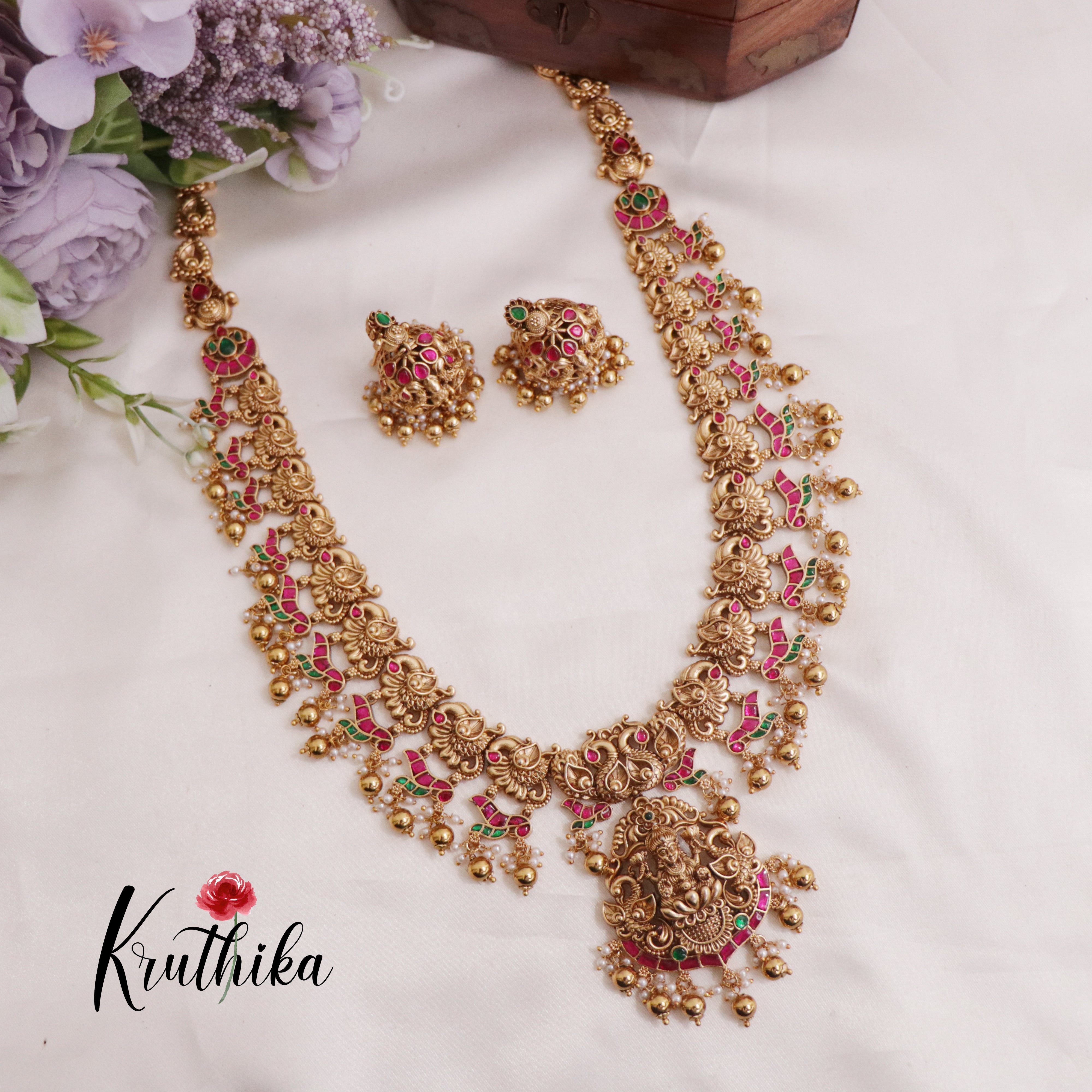 Beautiful Temple Lakshmi Jadau Pendant Haaram with Golden Beads Drops ...
