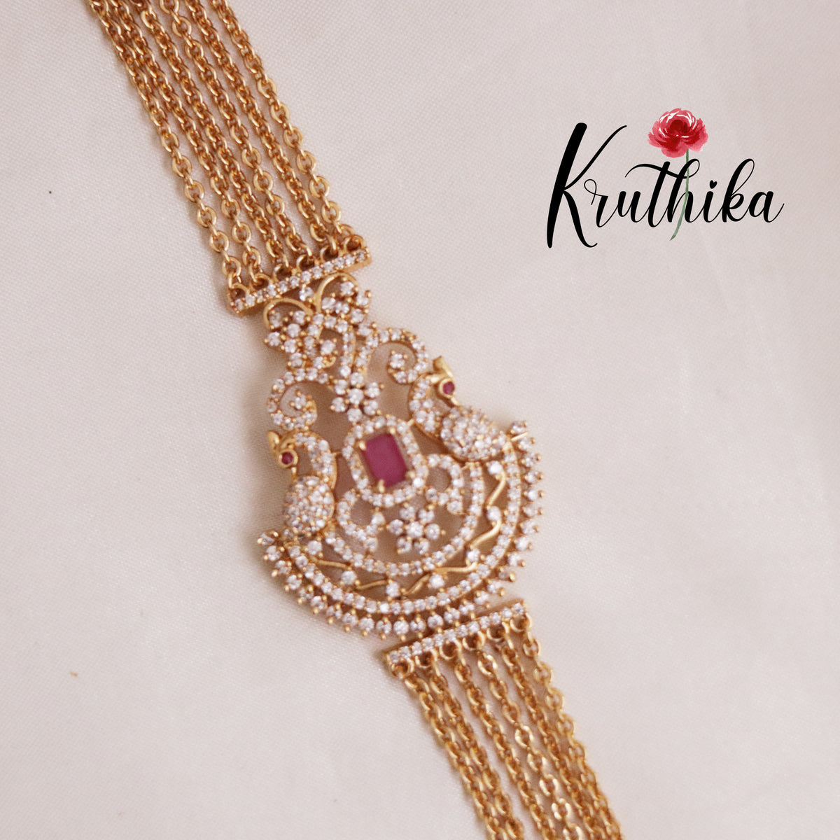 Elegant Four Layer Peacock Ruby Stone Design Chandra Haaram with AD Pe ...